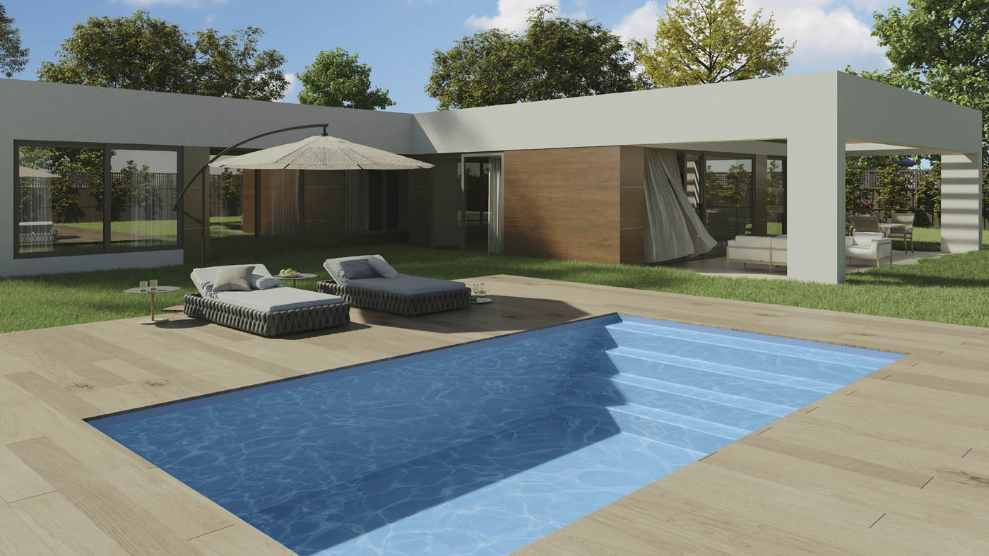 Renders 3D de piscinas prefabricadas para un catálogo